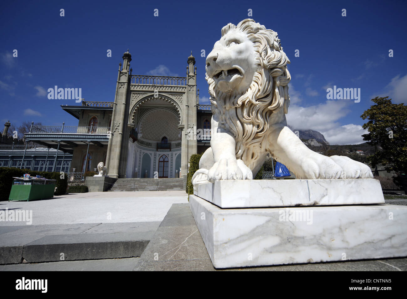 WHITE MARBLE LION AT VORONTSOV PALACE ALUPKA CRIMEA UKRAINE 03 April ...