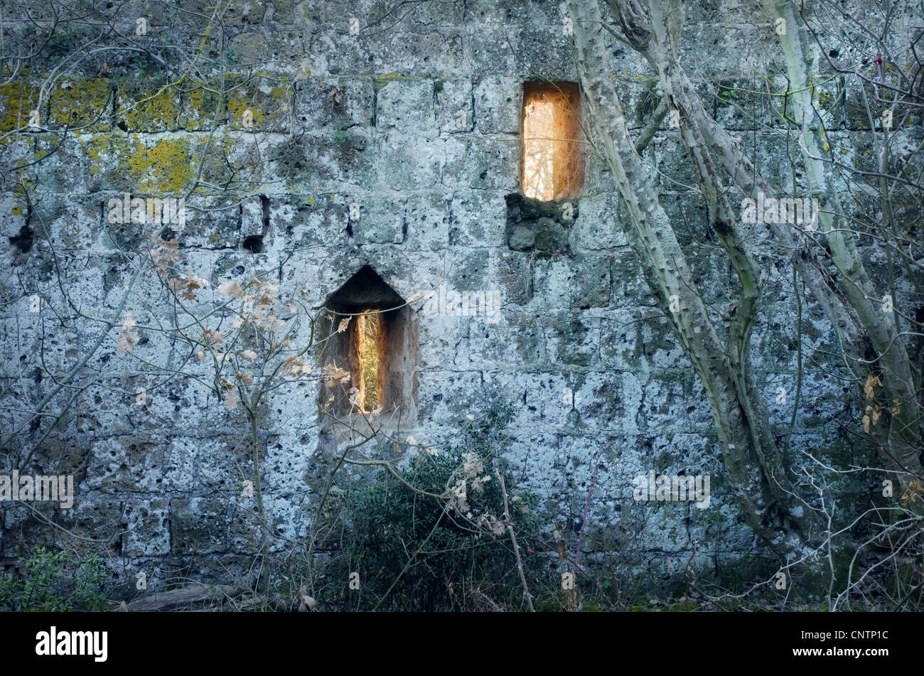 Light passes through the windows of a ruined medieval castle Stock ...
