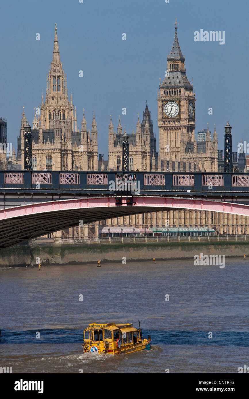 A London Duck Tours Amphibious Bus passes under Lambeth Bridge, London ...