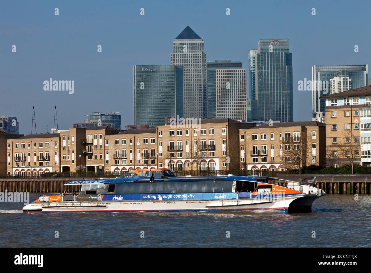 Water Bus 'Thames Clipper' and Canary Wharf, London, England Stock ...