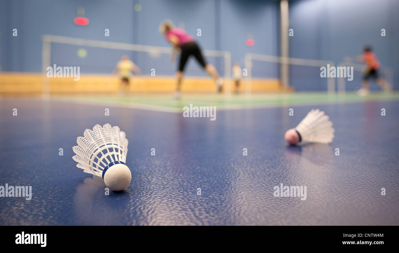 badminton - badminton courts with players competing; shuttlecocks in ...