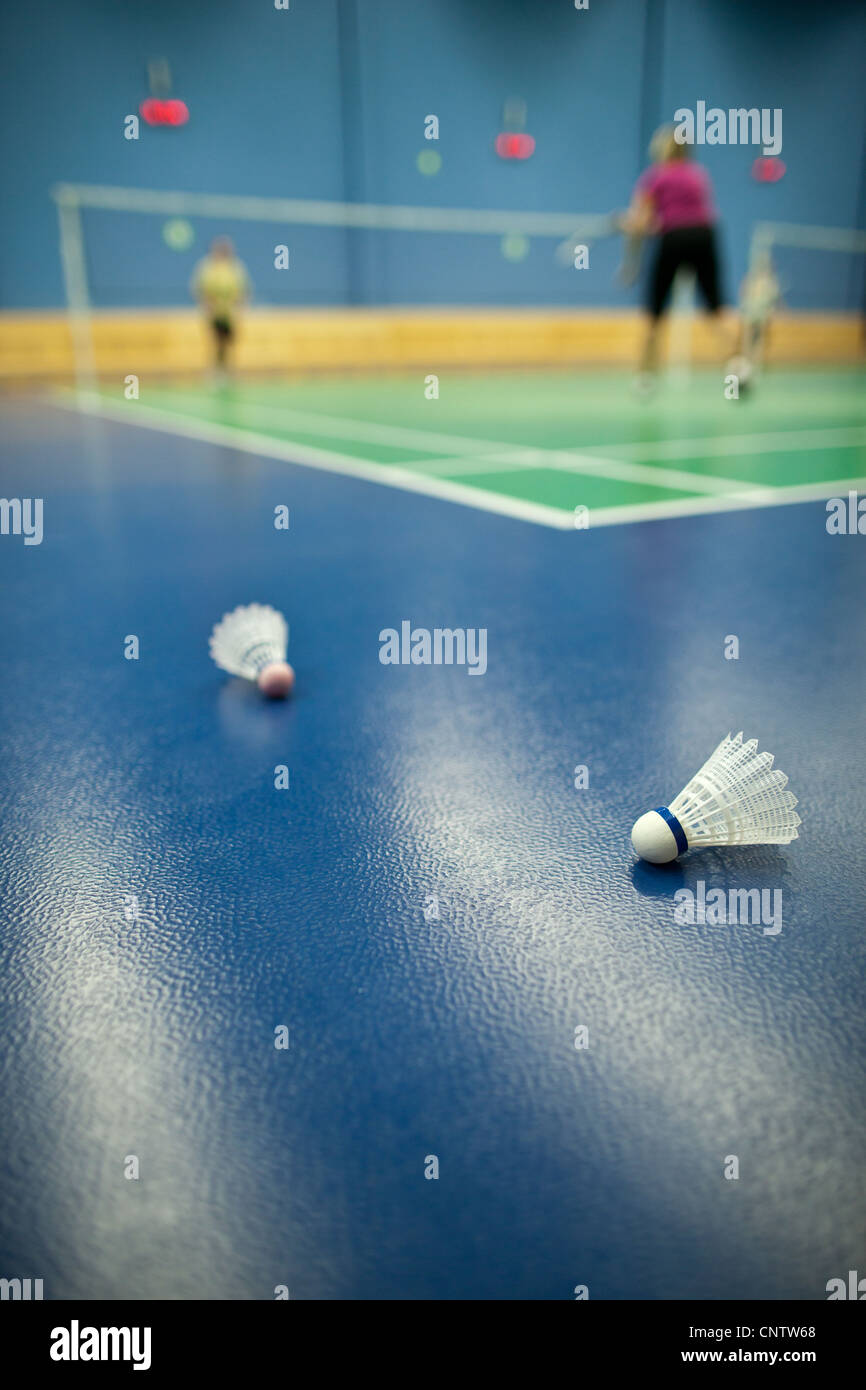 badminton - badminton courts with players competing; shuttlecocks in ...