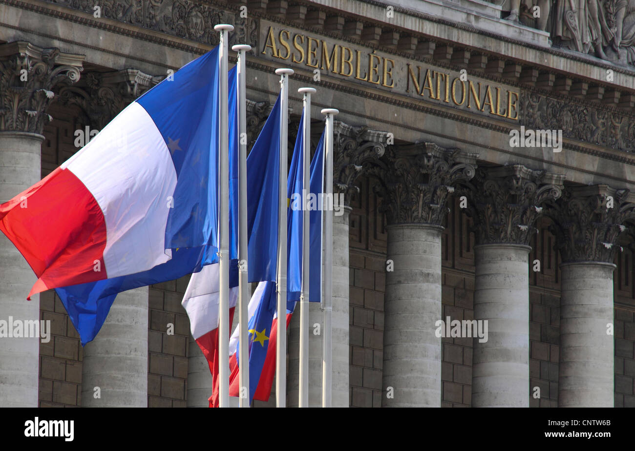 French flags at the National Assembly building, Paris, France Stock ...