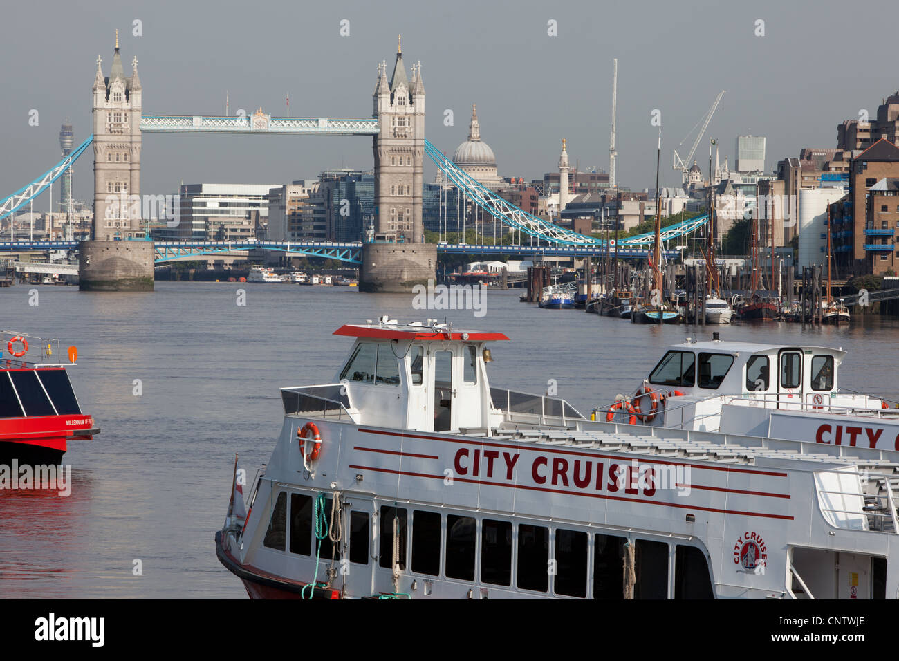 City Cruises sightseeing tourist boat on River Thames looking Tower ...