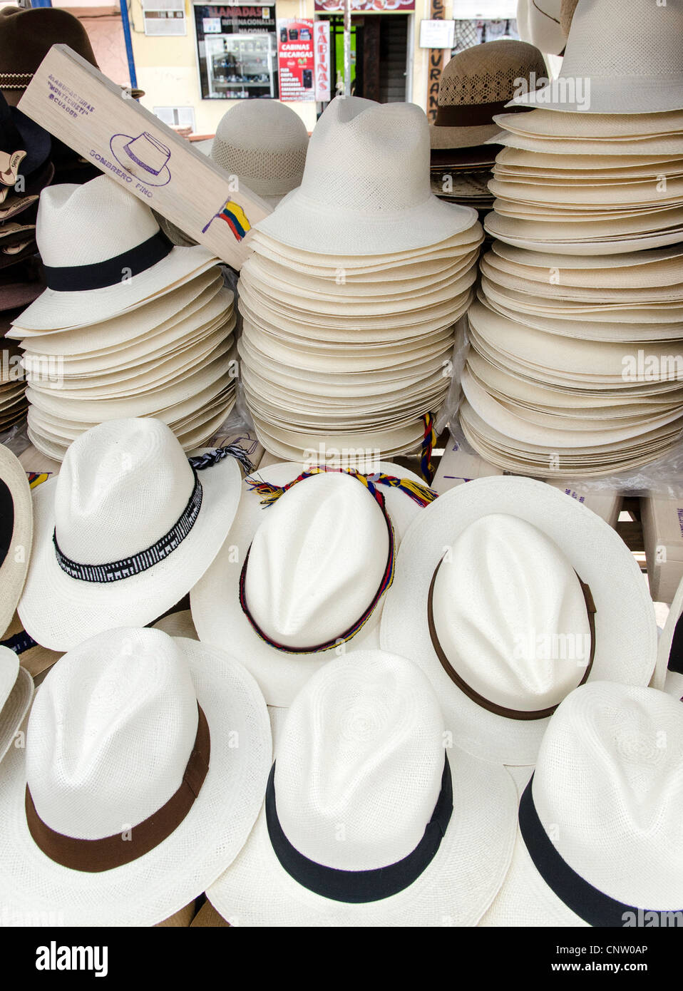Panama hats handicrafts market Otavalo Ecuador Stock Photo - Alamy