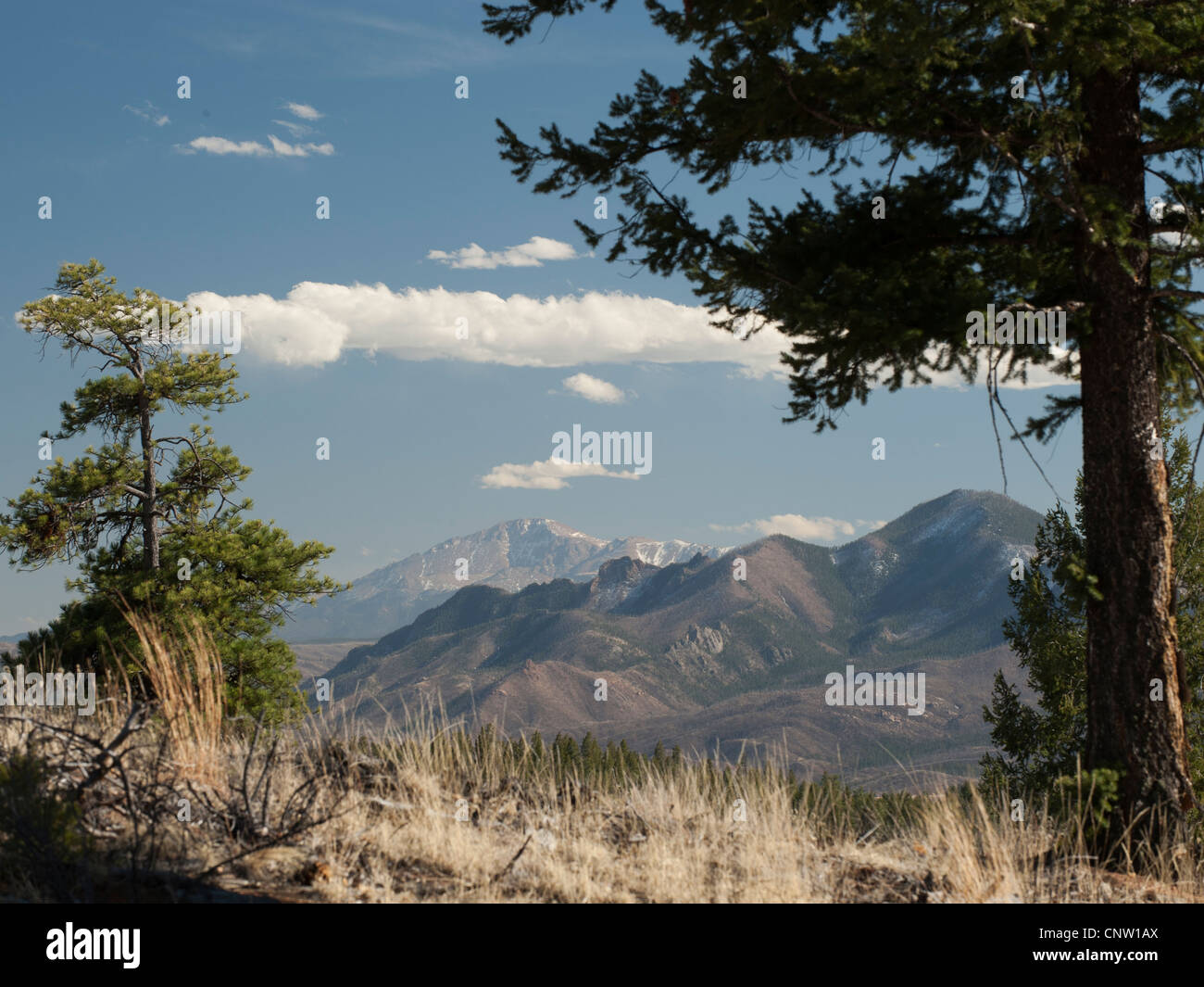 Pike's Peak (background) and Thunder Butte (closer) from a hilltop near ...