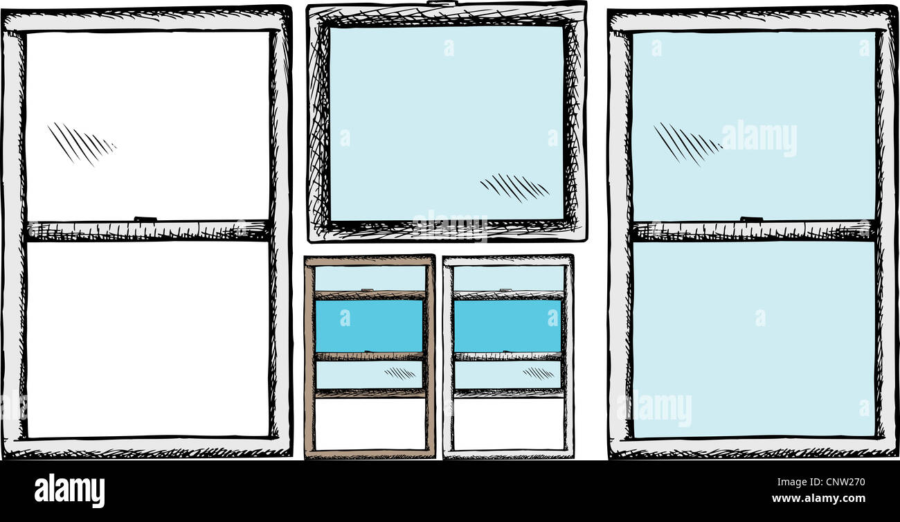 Hand drawn windows for opening and closing over white background Stock ...