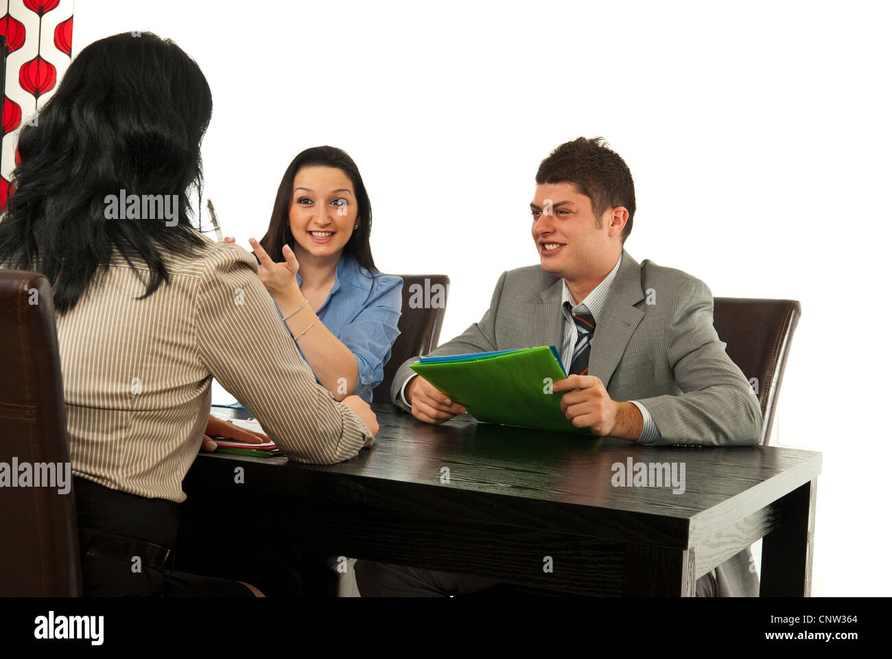 Two people having interview with manager woman in office Stock Photo ...