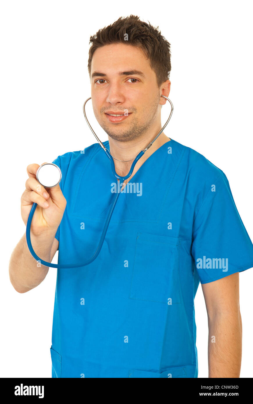 Doctor man in blue uniform showing stethoscope isolated on white ...