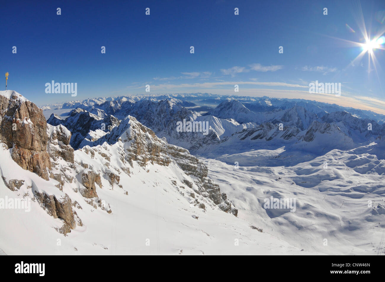 panorama view from the Zugspitze in winter in south direction, Germany ...