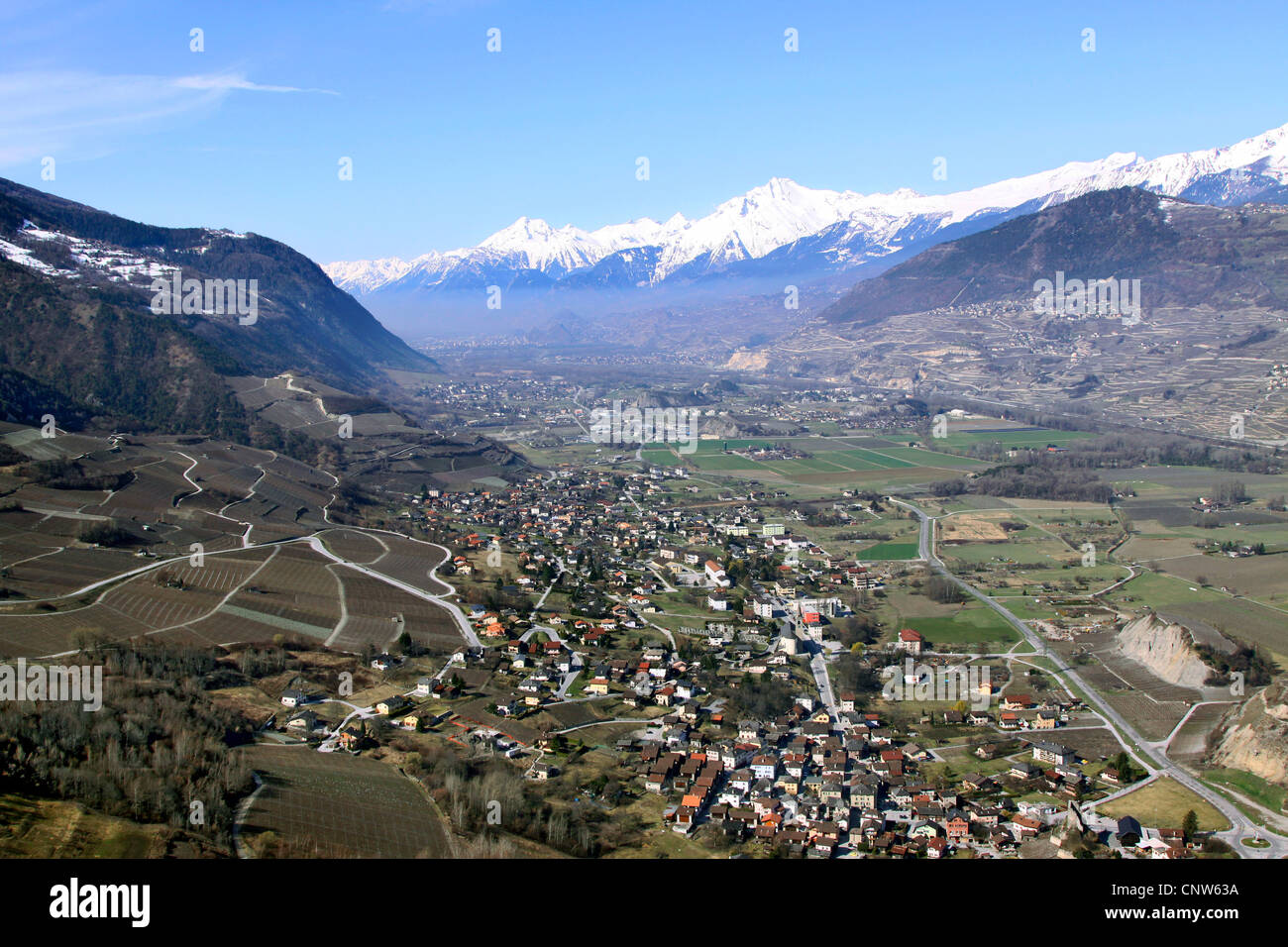Rhone valley with inversion layer, Switzerland, Valais, Sion Stock ...