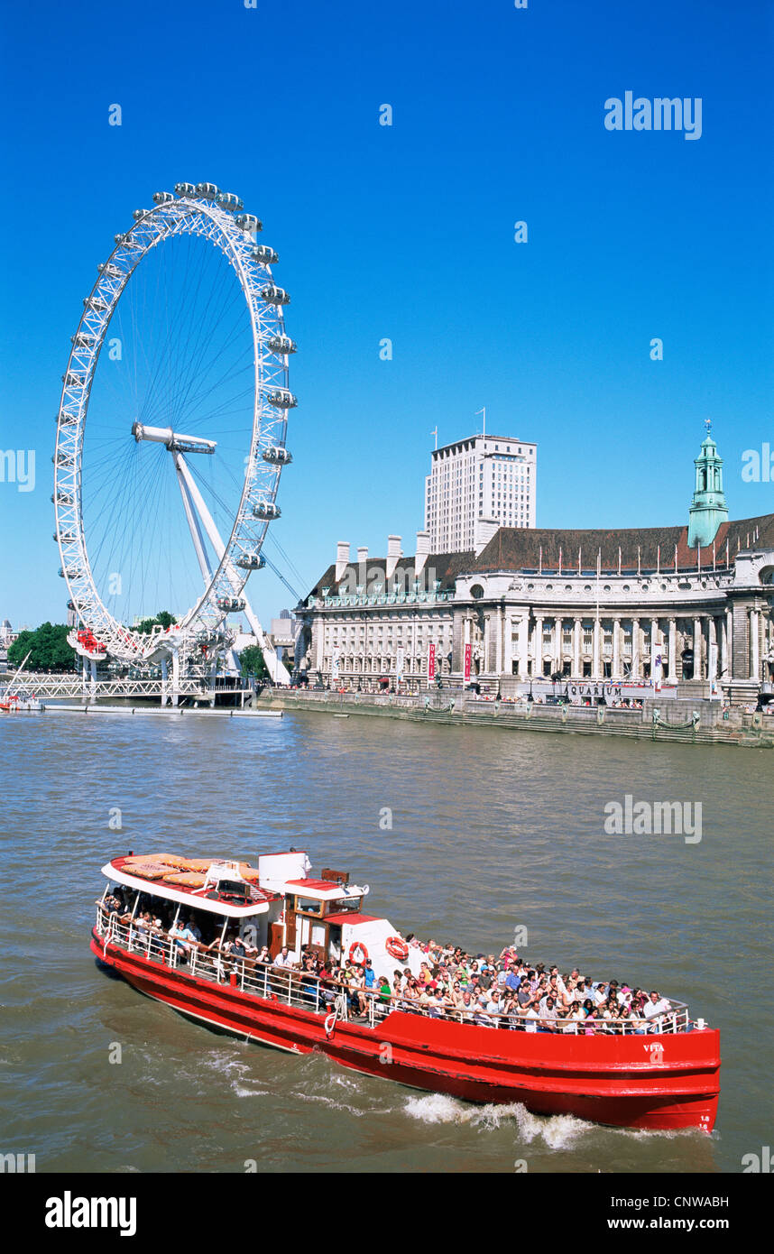England, London, London Eye and River Thames with Tour Boat Stock Photo ...