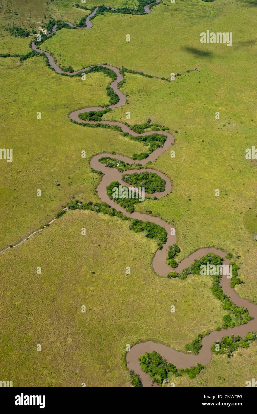 Rufiji delta river snaking through a swap, aerial view, Lindi Region ...