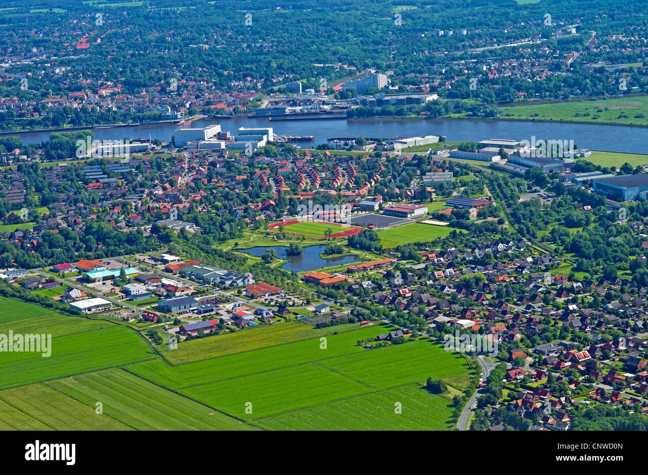 aerial view to Lemwerder, Bremen-Vegesack in background, Germany, Lower ...