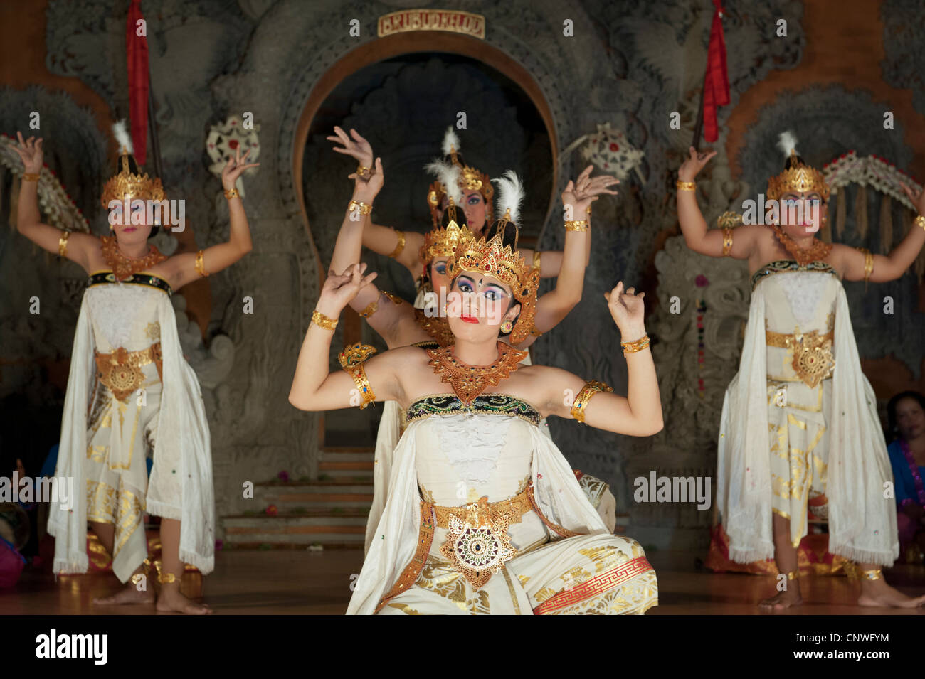 Balinese dancers performing the dance of Bali white starrling birds in ...