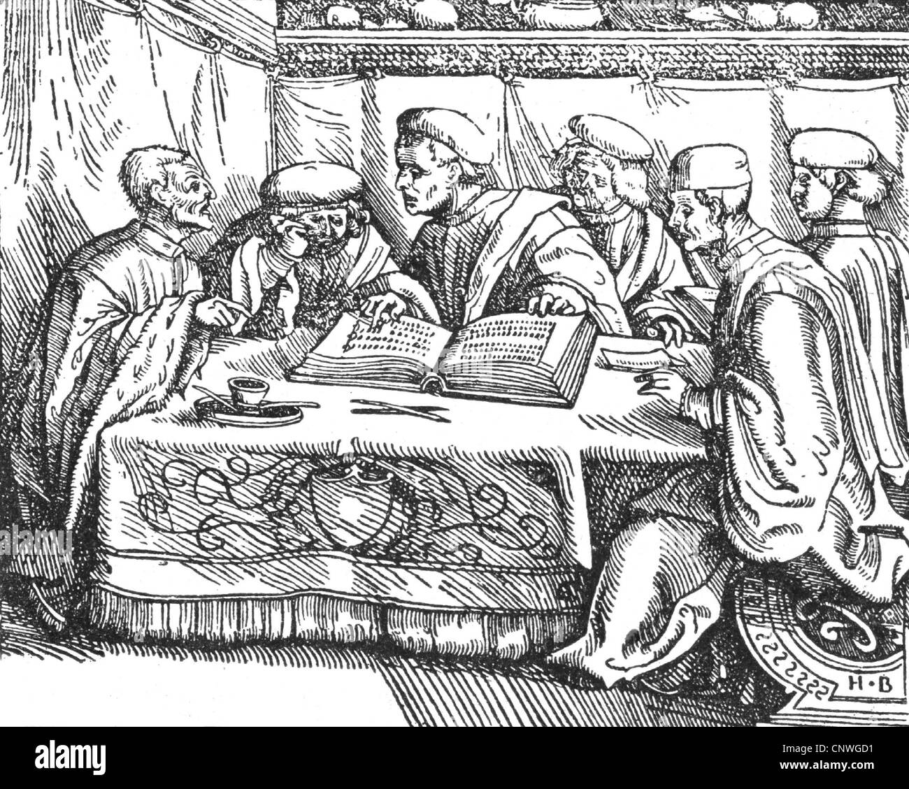 science, medical scholars during a disputation in the 16th century ...