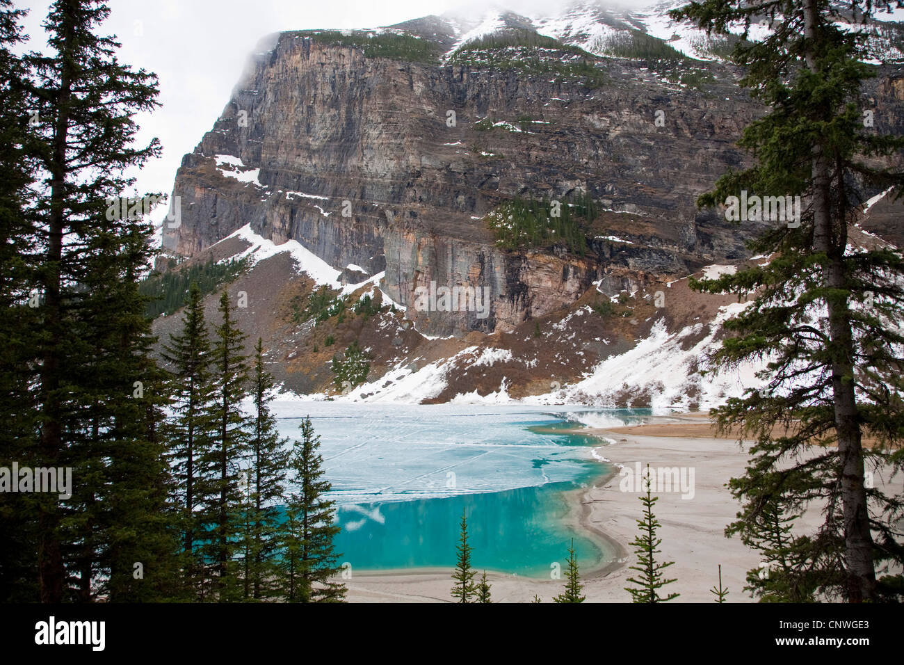 view to partly frozen Lake Louise, Canada, Alberta, Banff National Park ...
