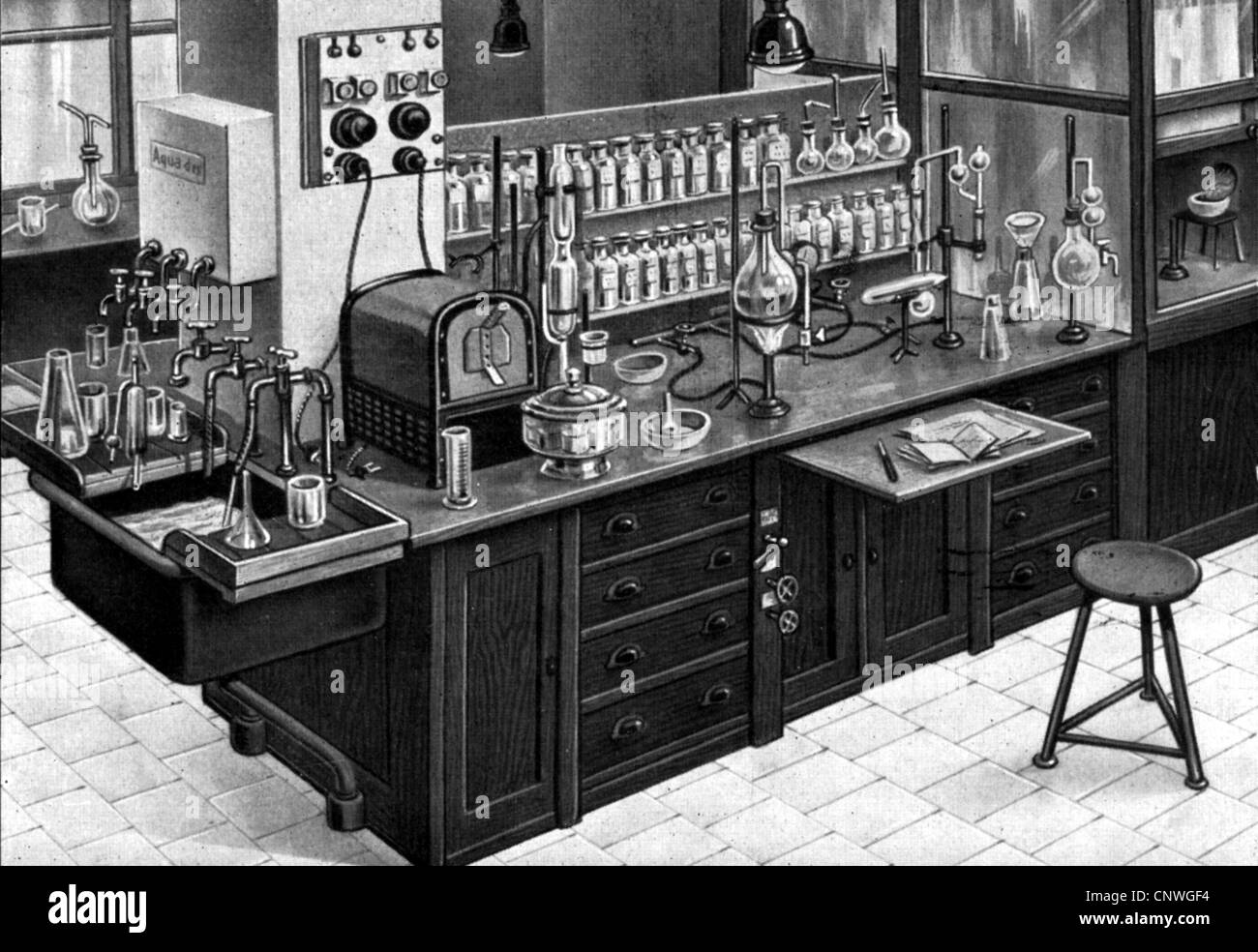 science, lab, work surface, sink, exhaust hood, drawing, circa 1920s ...