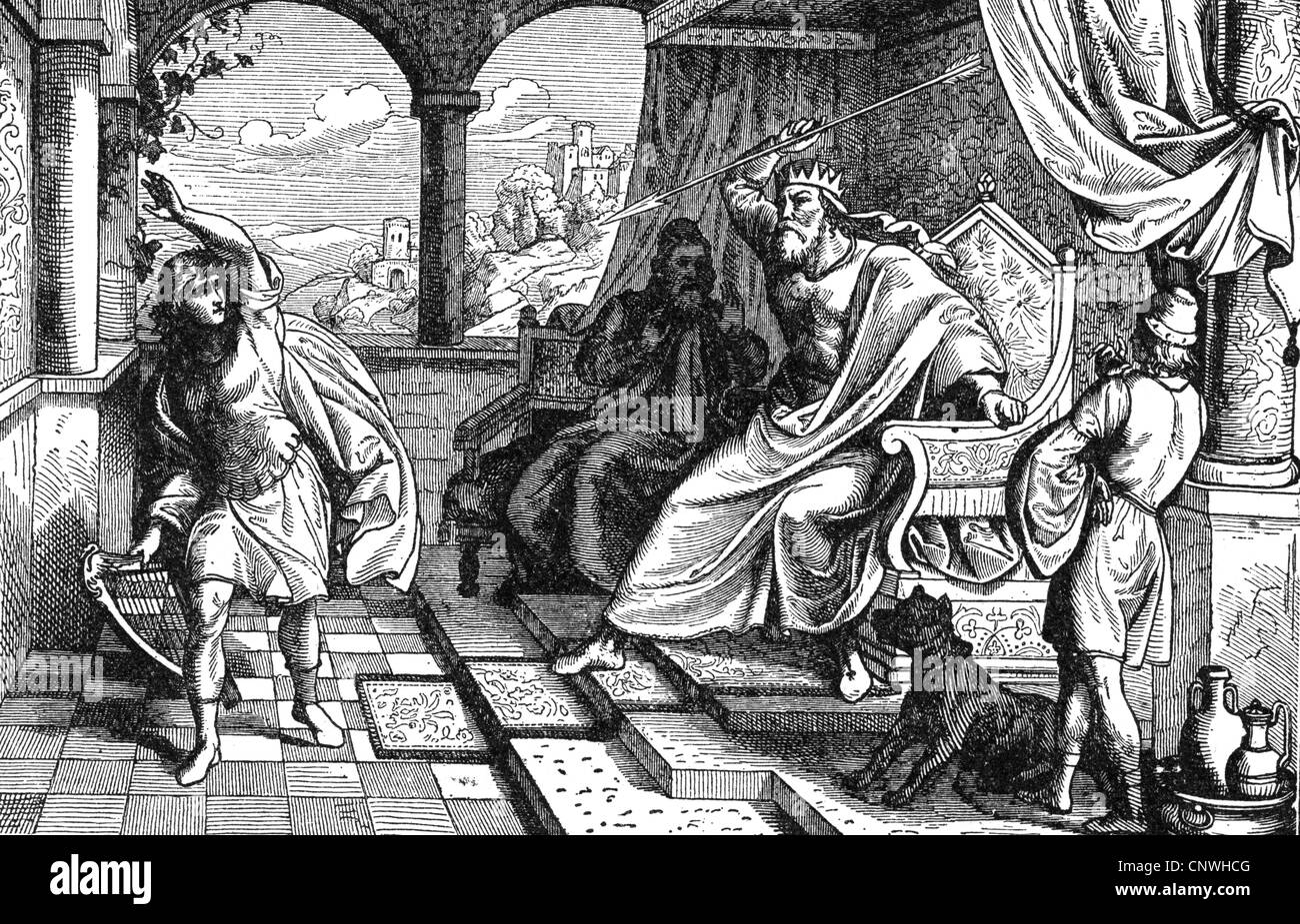 religion, biblical scene, "Saul tries to kill David", wood engraving ...