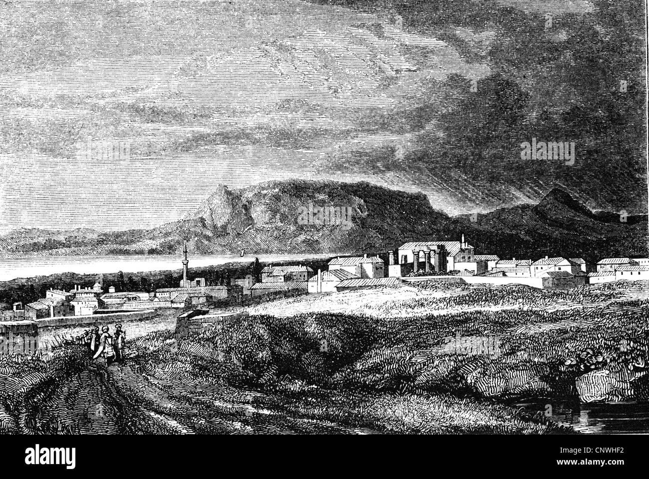 geography / travel, Greece, Corinth, view, wood engraving after drawing ...