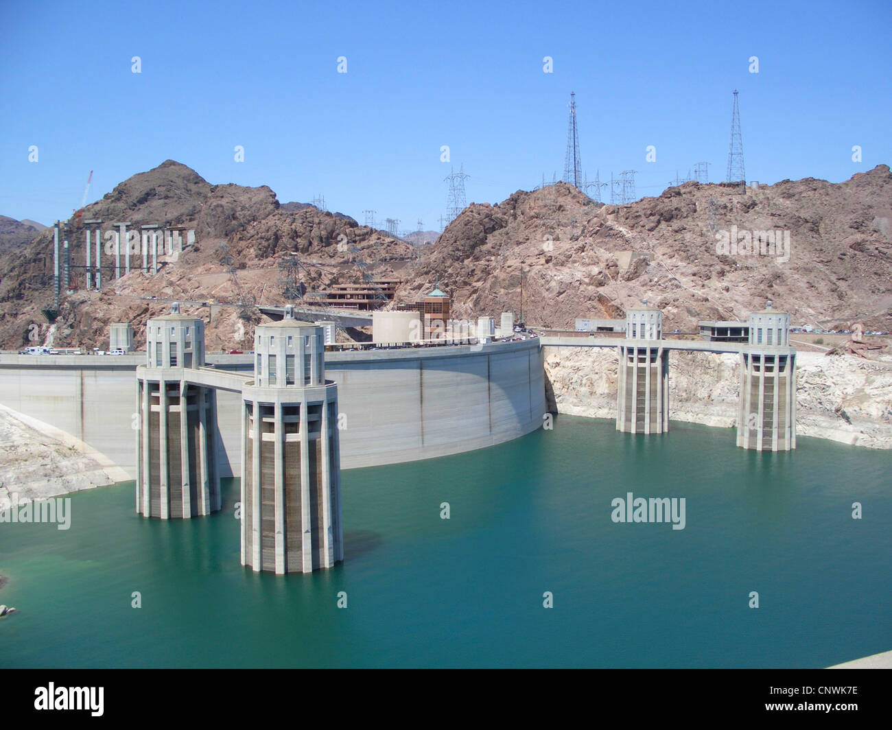 intake towers at the Hoover Dam with the Hoover Dam Bypass in the ...