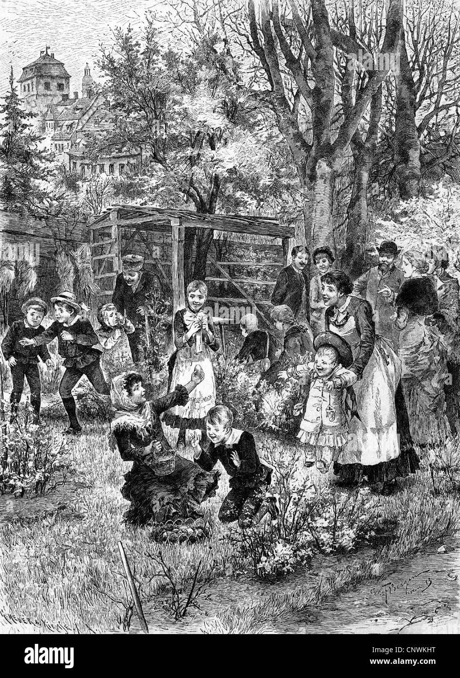 Easter, children searching for Easter eggs, based on a drawing by Fritz ...