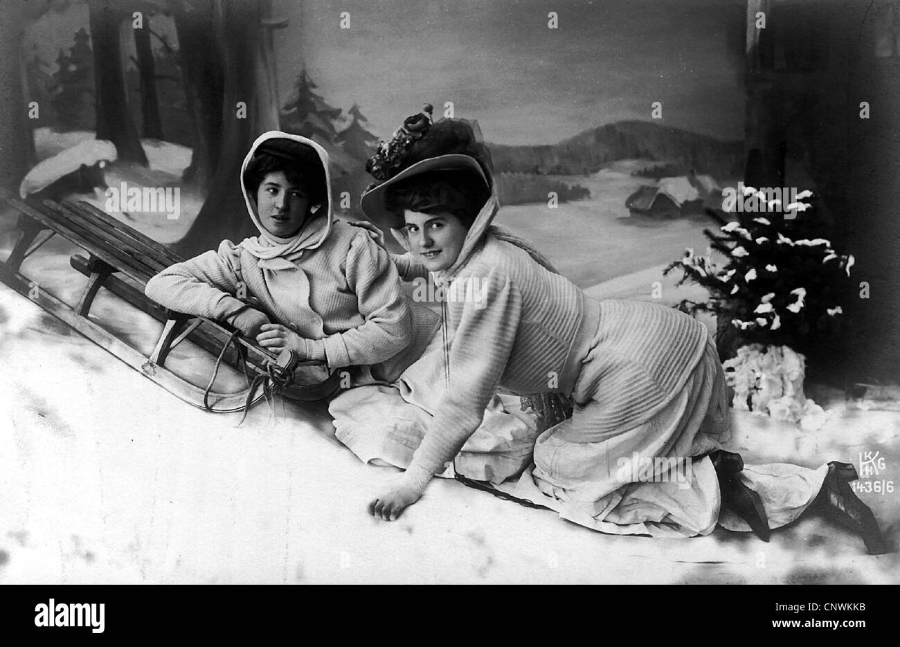 sports, winter sports, sledge, two women with sledge, studio shot ...