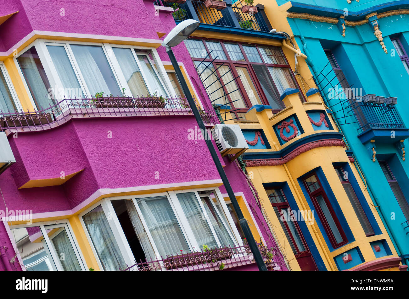 An abstract view of a multicolored apartment block facade in the ...