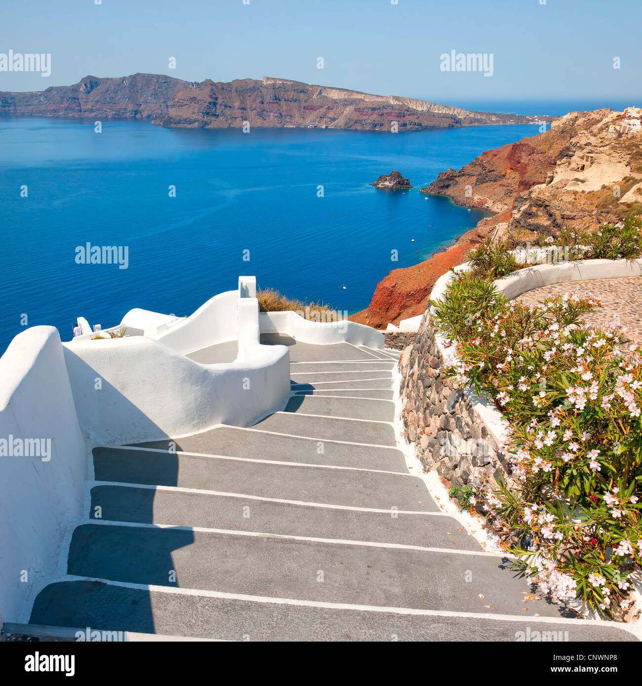 A typical stairway situated in the village of Oia on the greek island ...