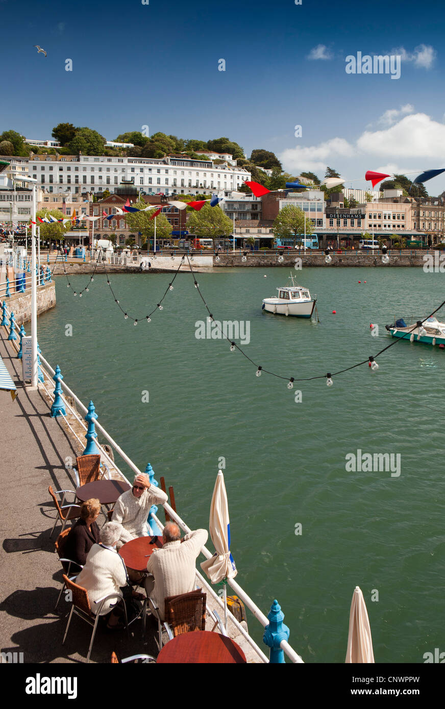 UK, England, Devon, Torquay harbour, diners at harbourside table in ...
