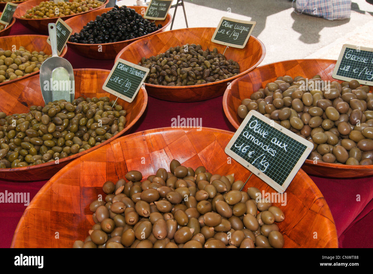 different olives at the weekly market, France, Languedoc-Roussillon ...