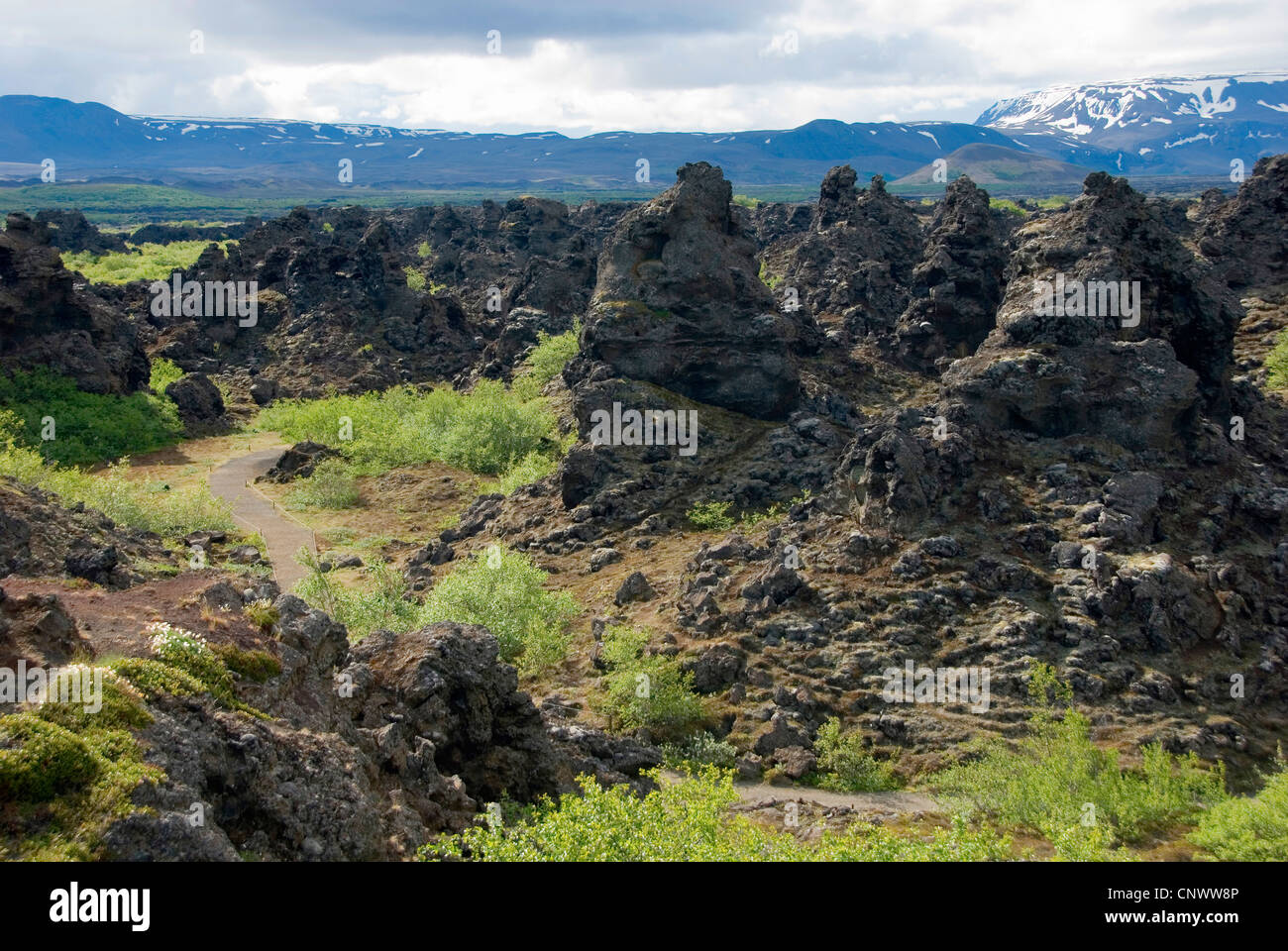 volcanic landscape Dimmuborgir with the bizarr rock formations called ...
