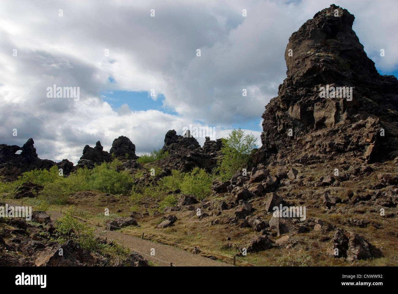 walking path through volcanic landscape Dimmuborgir with the bizarr ...