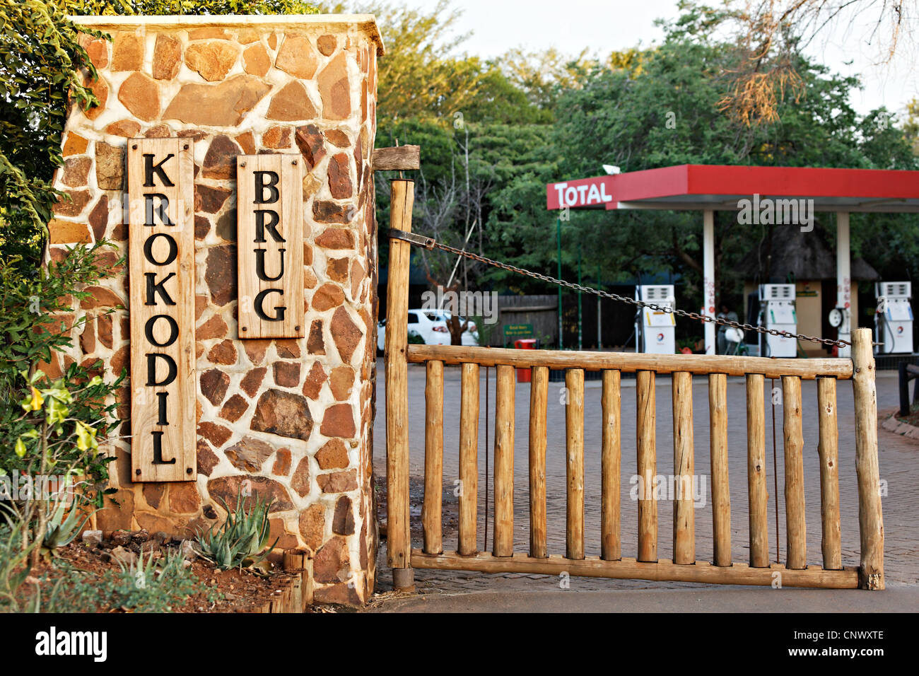 Entrance gate to the Crocodile Bridge Camp, Kruger National Park, South ...