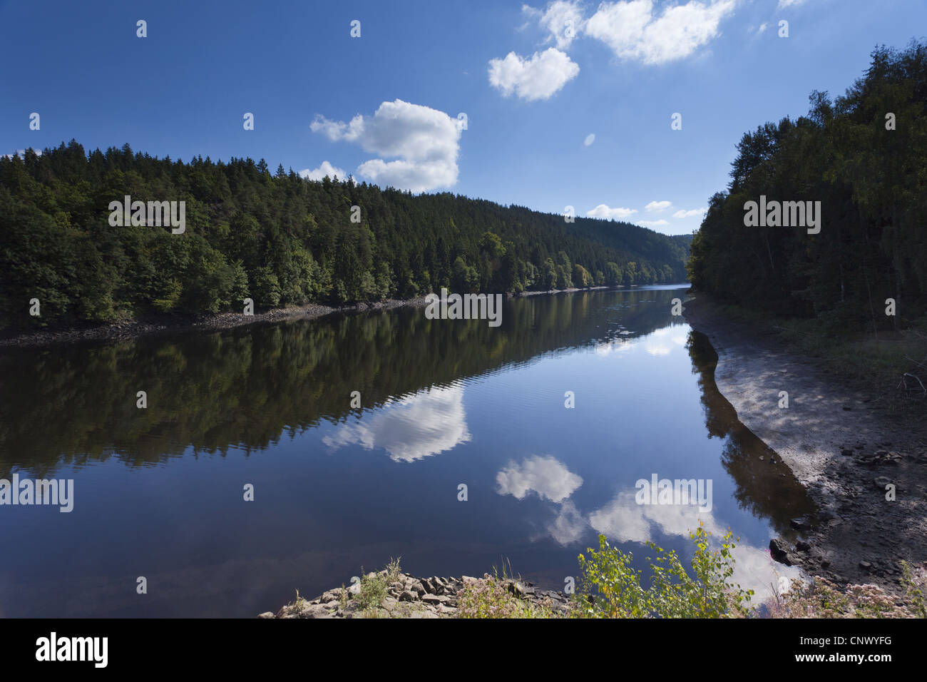 clouds reflecting in lake Bleiloch, Germany, Thueringen, Bleiloch ...