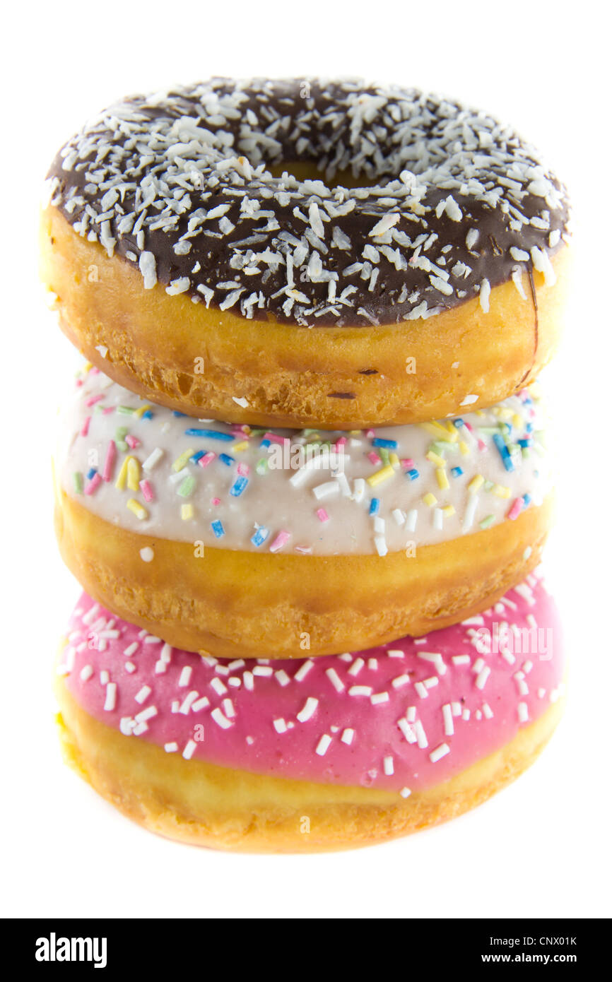 Close up picture of three stacked donuts on a white background Stock ...