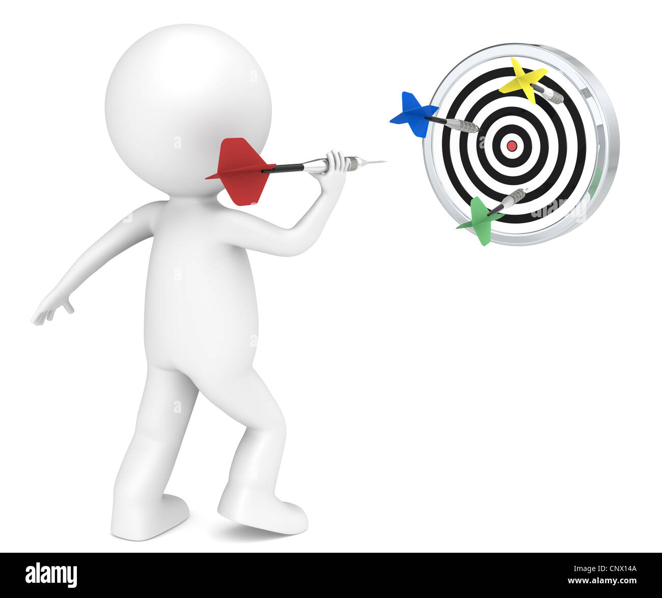 3D Little Human Character throwing Darts. Red, green, blue and Yellow ...