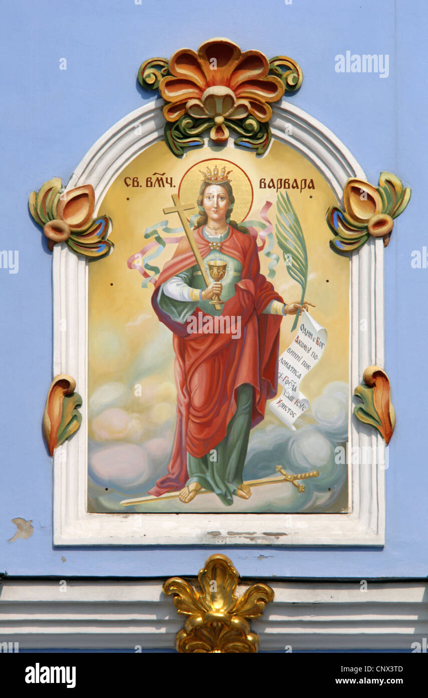 Saint Barbara. Fresco at the facade of St. Michael's Golden-Domed ...