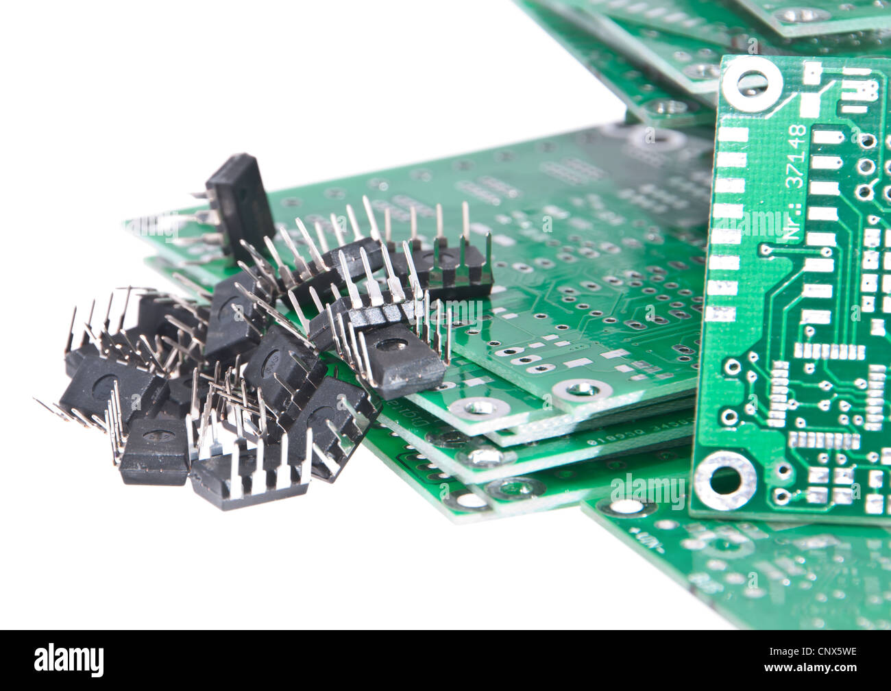 PCBs with different electronic components isolated on white background ...