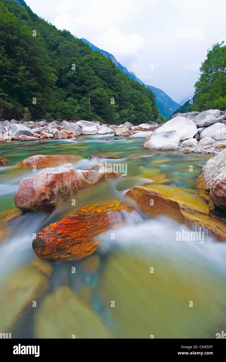 river Verzasca running over boulders through the Valle Verzasca ...