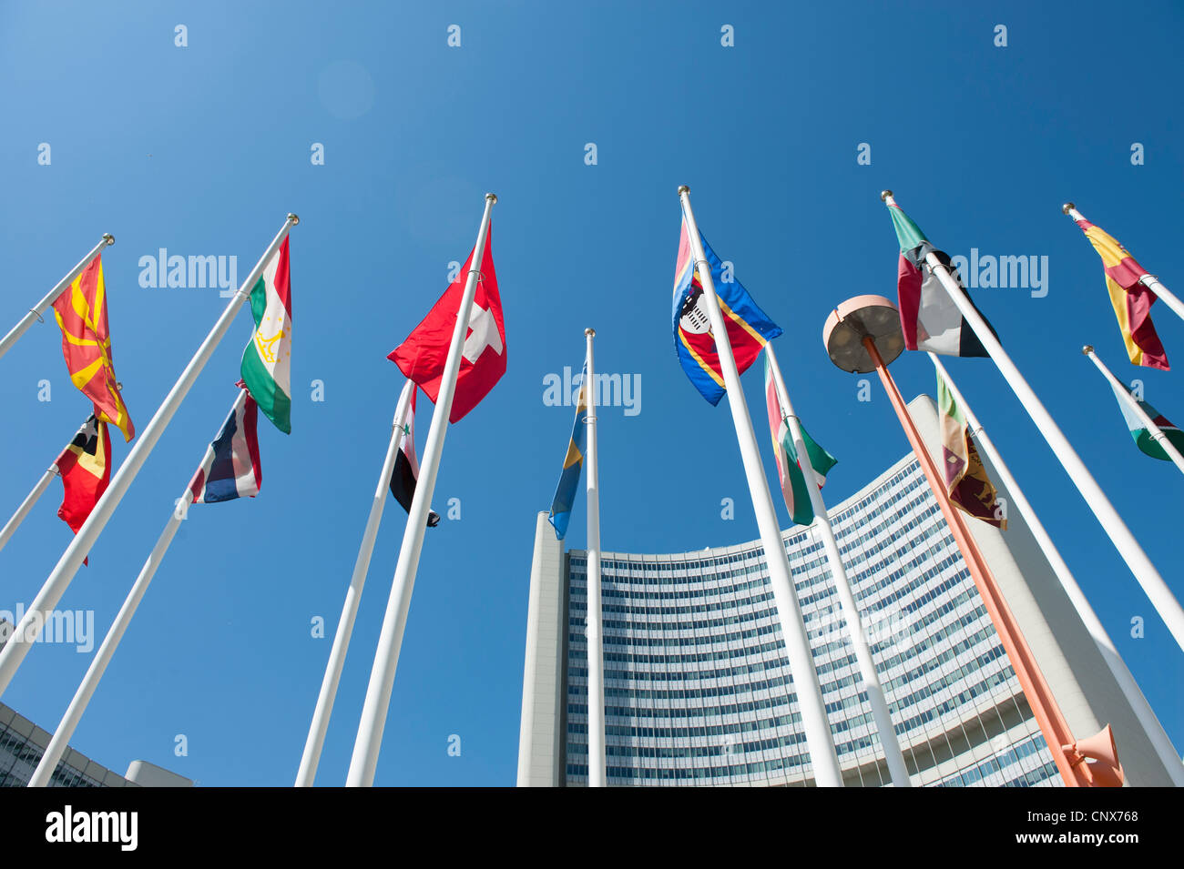 Exterior view with flags of UNIDO building at UN City in Vienna ...