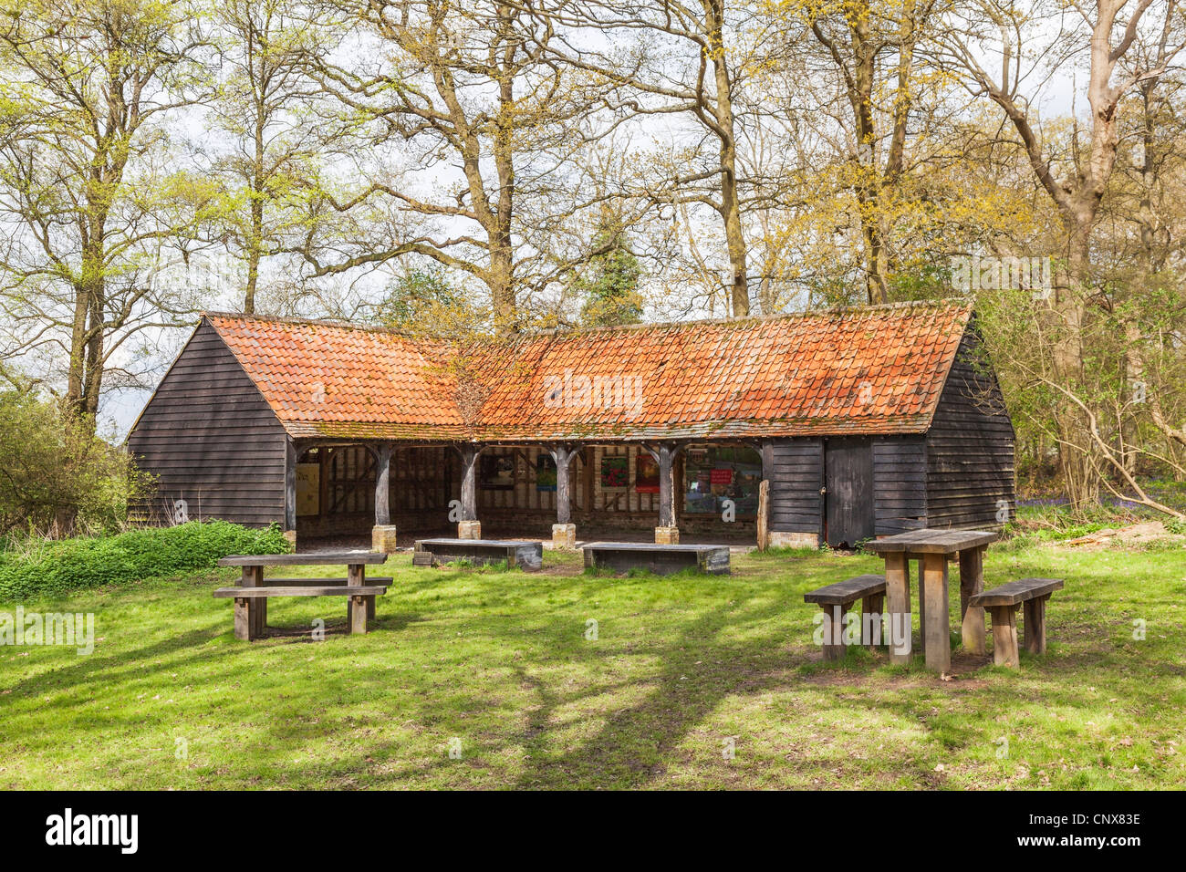 Barn at Hatchlands Park, Surrey, England, UK, with picnic tables Stock ...