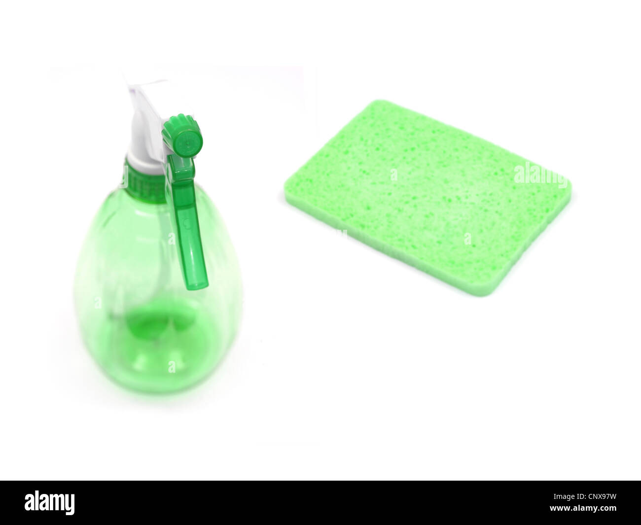 Environmentally safe cleaning products isolated against a white ...