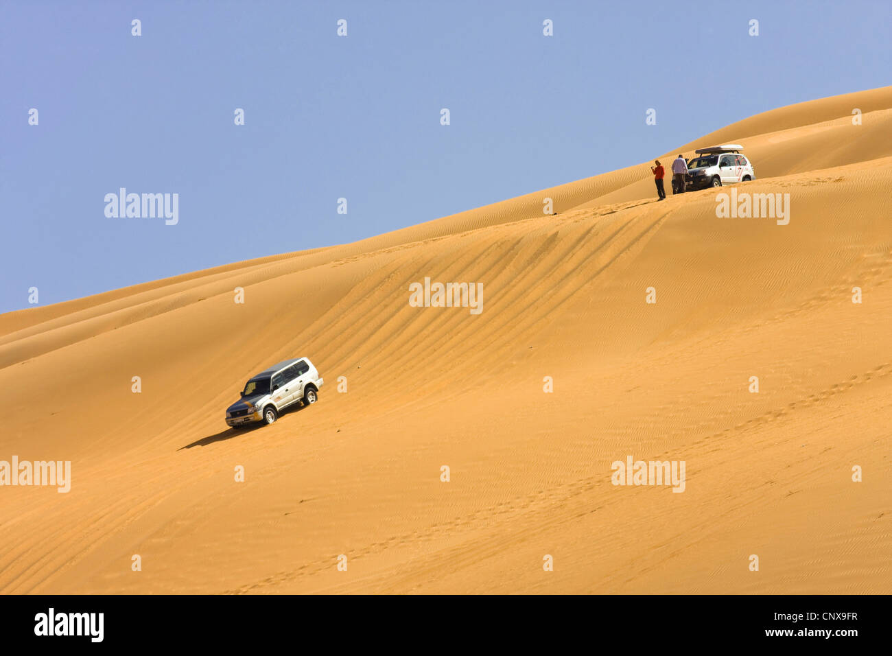 two off-road vehicles with tourists parked at o slope in the sand ...