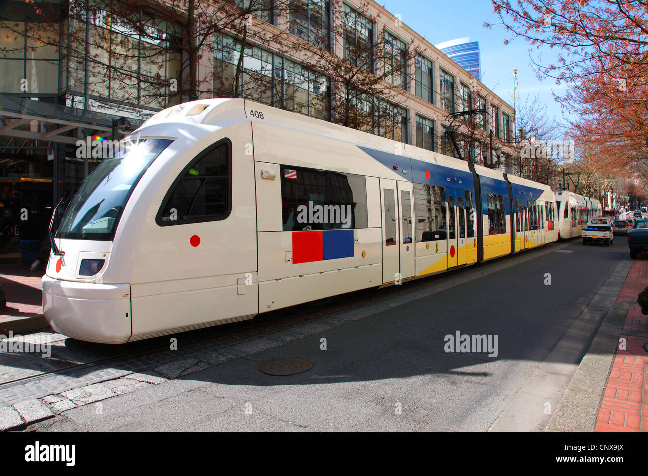 Max train awaiting passengers boarding in downtown Portland Oregon ...