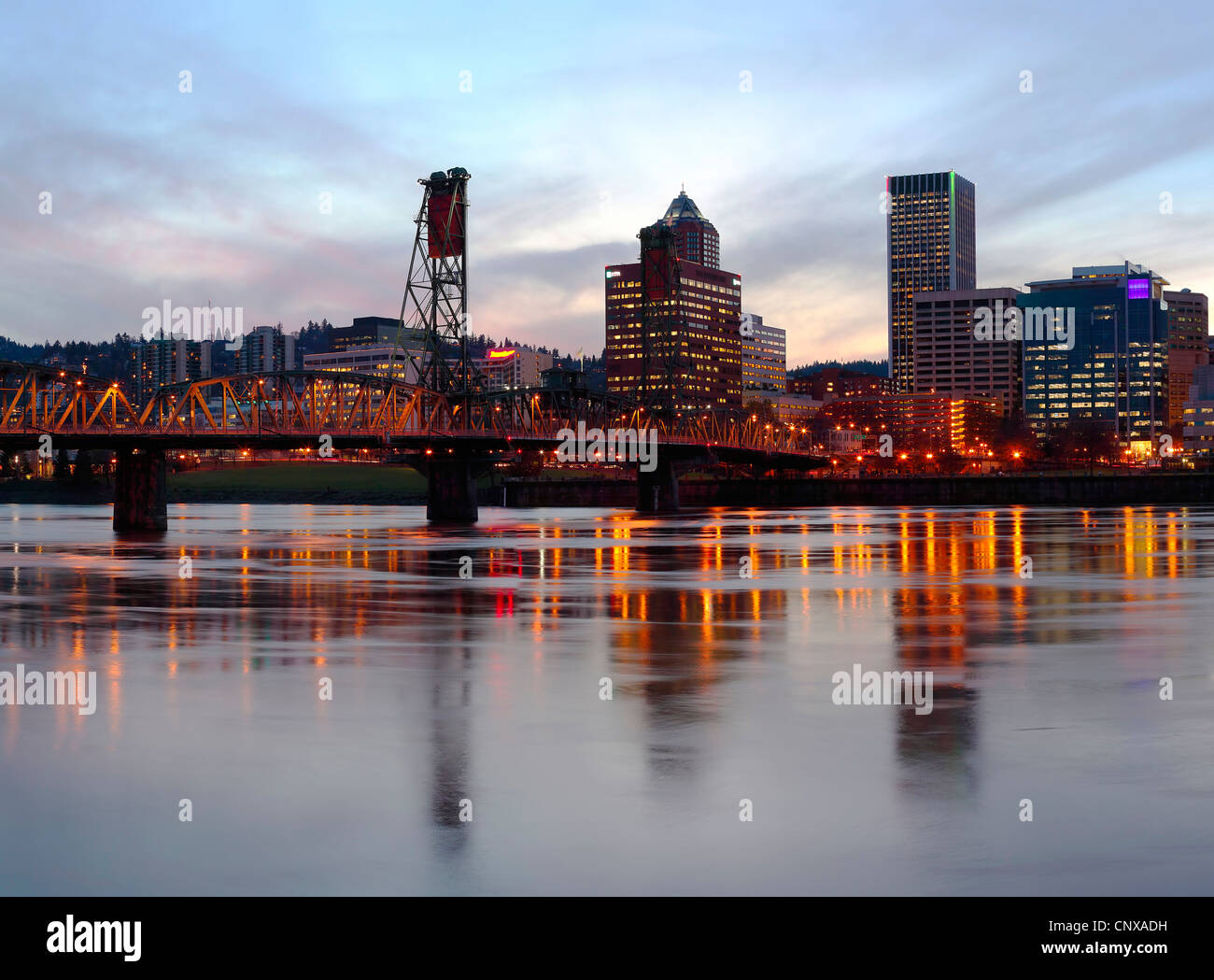 A beautiful panoramic skyline at dusk of Portland Oregon Stock Photo ...