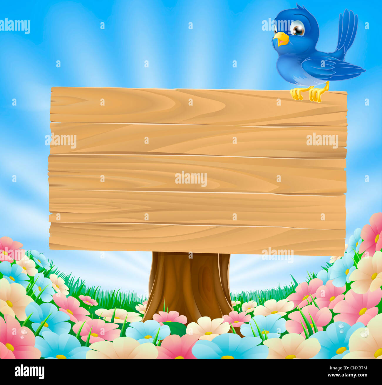 Cartoon blue bird sitting on a wooden sign board in a flower meadow ...
