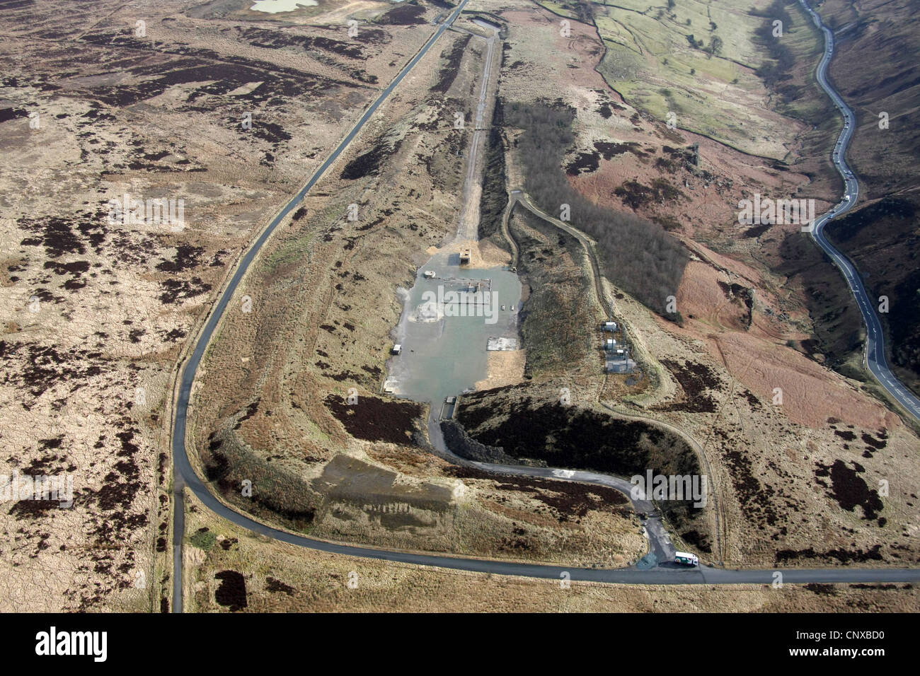 aerial view of Kex Gill Moor Blubberhouses, old quarry workings and A59 ...