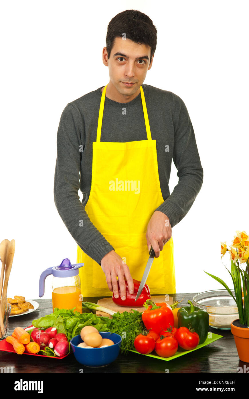 Chef man cutting red pepper isolated on white background Stock Photo ...