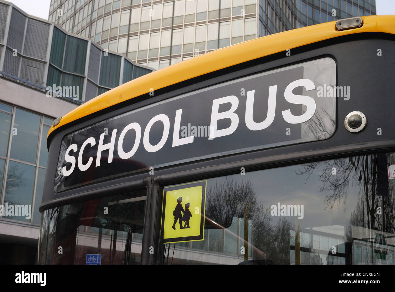Close up of sign at front of school bus parked in Westminster. London ...